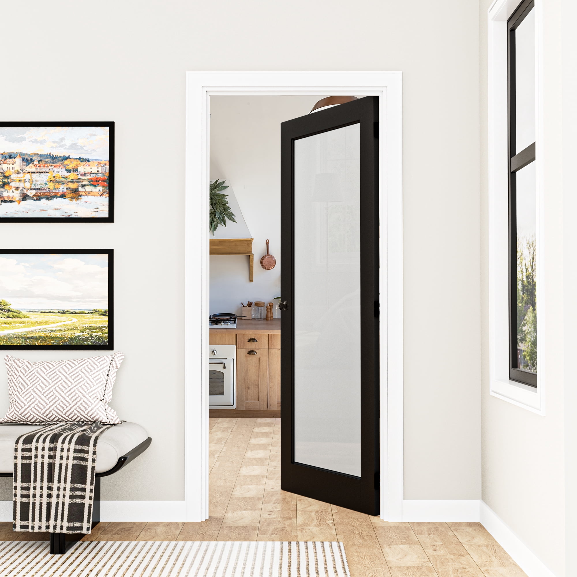 36" X 80" 1-Lite Frosted Glass Black Pre-Finished Paint Interior Solid ...