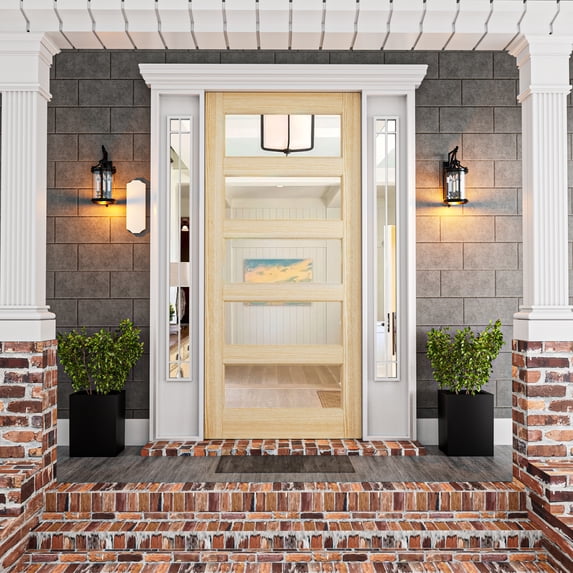 36" X 80" Unfinished Pine Solid Core 5 Lite Double-Grid Transparent Glass Front Door Slab With ...