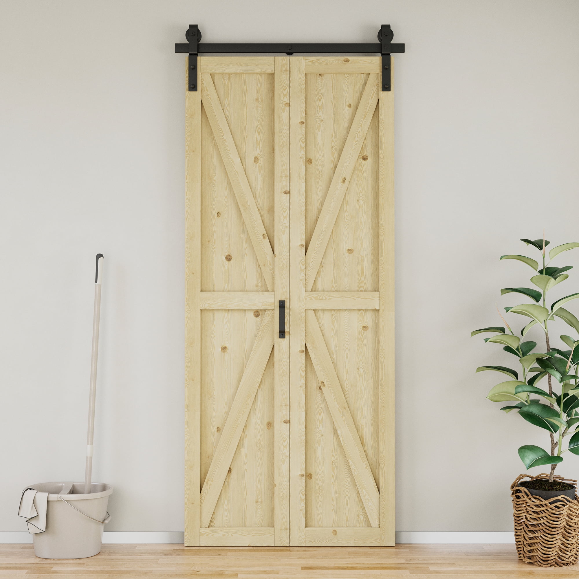 36" X 84" Pine Solid Core Wood Unfinished K Bi-Fold Barn Door With ...