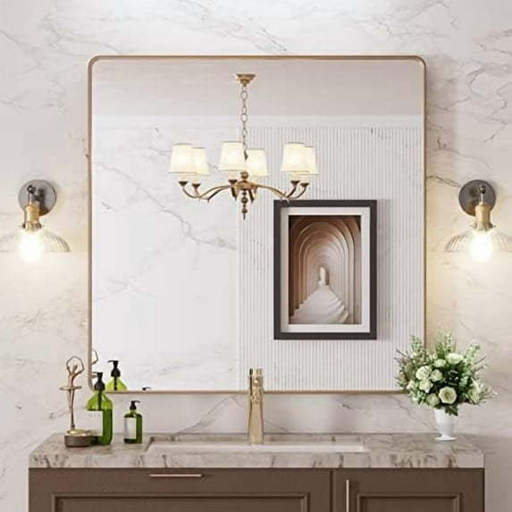 36”X36” Gold Bathroom Mirror, Rounded Rectangle Gold Frame Mirror ...