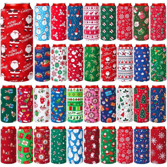 36 count Christmas Can Cooler Sleeves 12 oz Soda Drink Slim Cooler ...