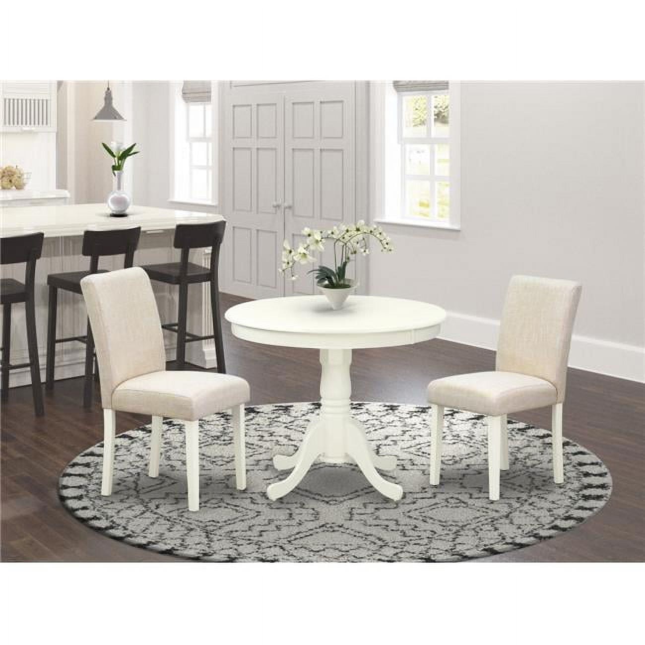 36 in. Antique Round Dinette Table & Two Parson Chair with Linen White ...