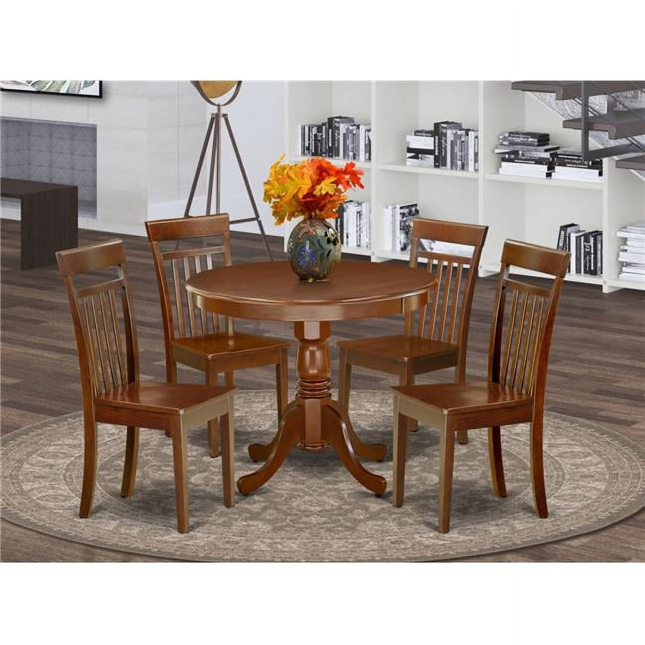 36 in. Antique Round Dining Room Table & 4 Wood Seat Dining Chairs ...