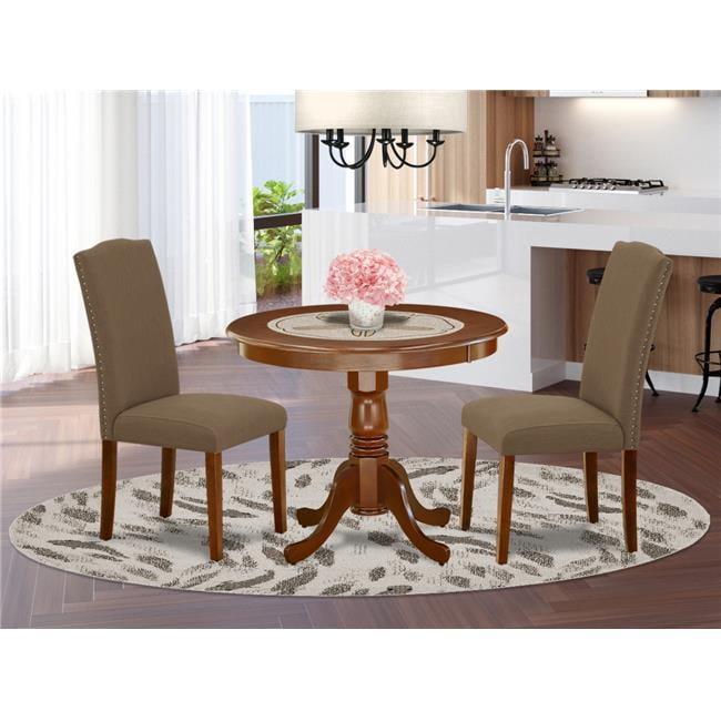 36 in. Antique Round Dining Table & 2 Parson Chair with Mahogany Leg ...