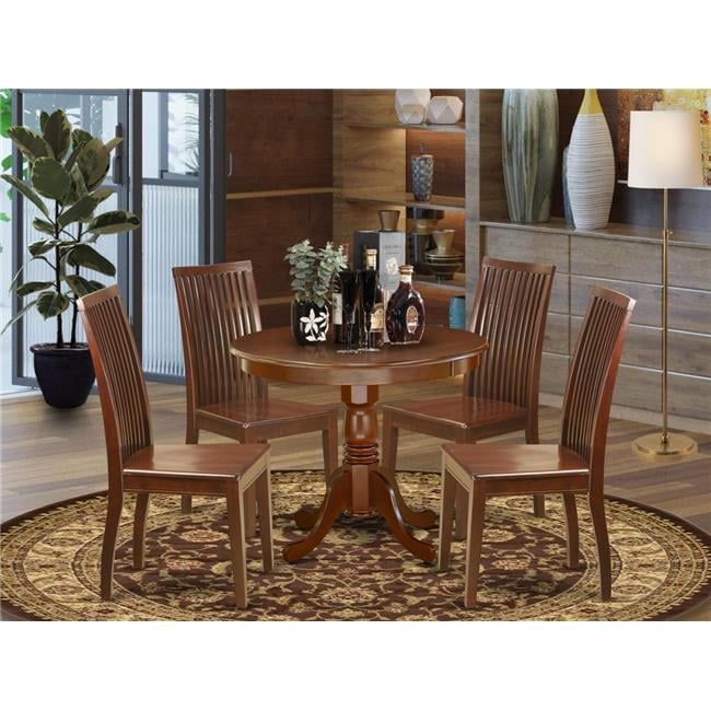 36 in. Antique Round Kitchen Table & 4 Wood Seat Dining Chairs ...