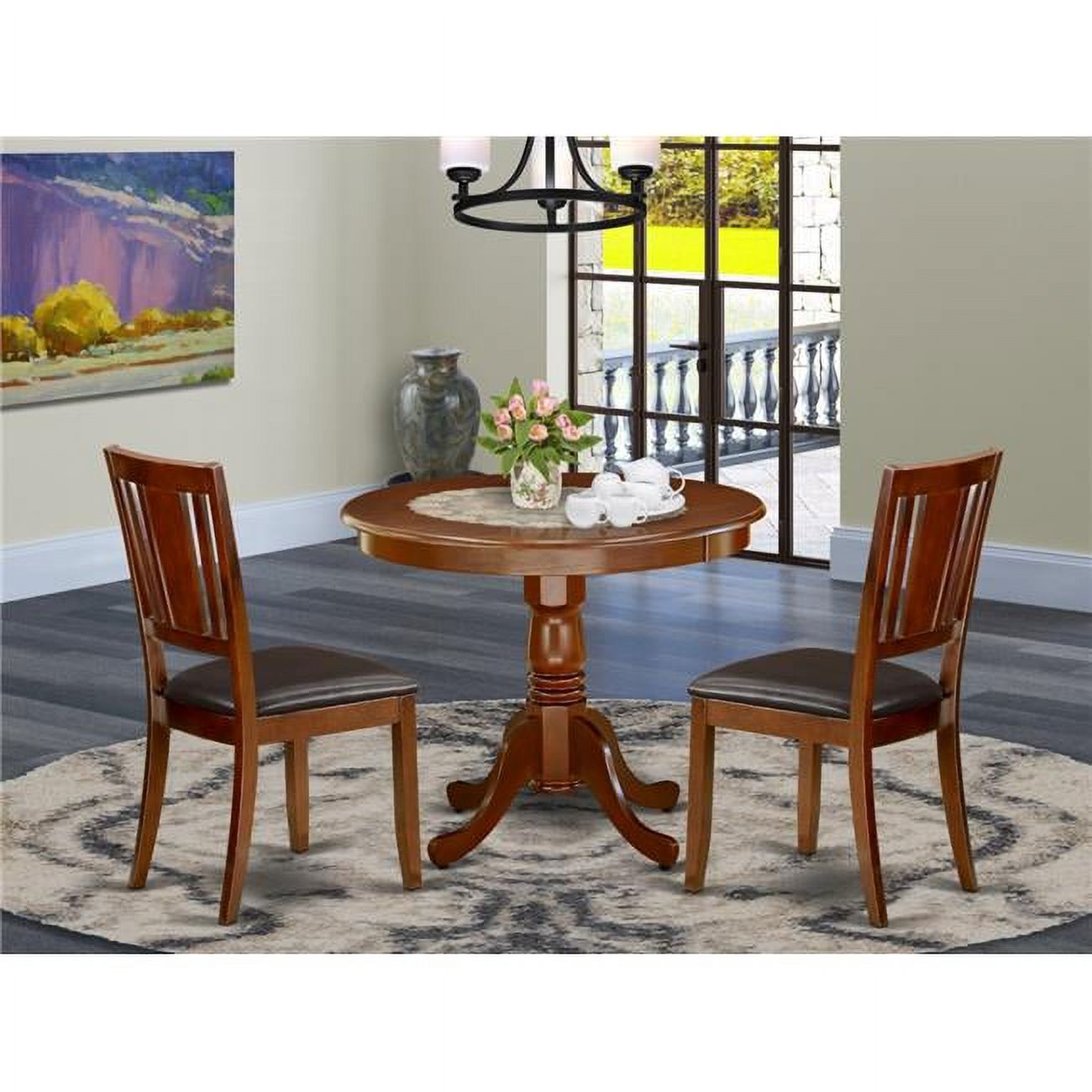 36 in. Antique Round Kitchen Table & Two Faux Leather Seat Kitchen ...