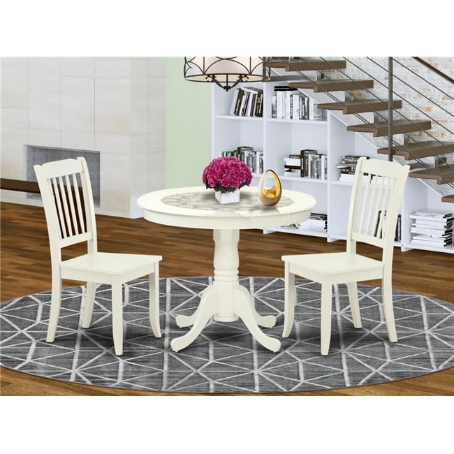 36 in. Antique Round Table & 2 Vertical Slatted Chairs - Linen White, 3 ...