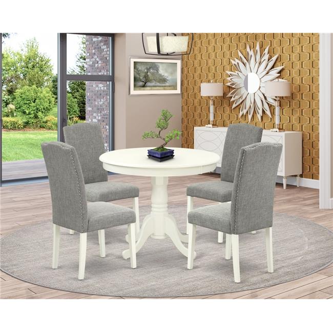 36 in. Antique Round Table & 4 Parson Chair with Linen White Leg ...