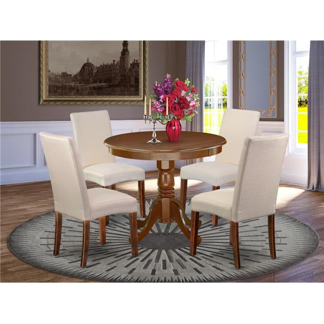 36 in. Antique Round Table & 4 Parson Chair with Mahogany Leg & Linen ...