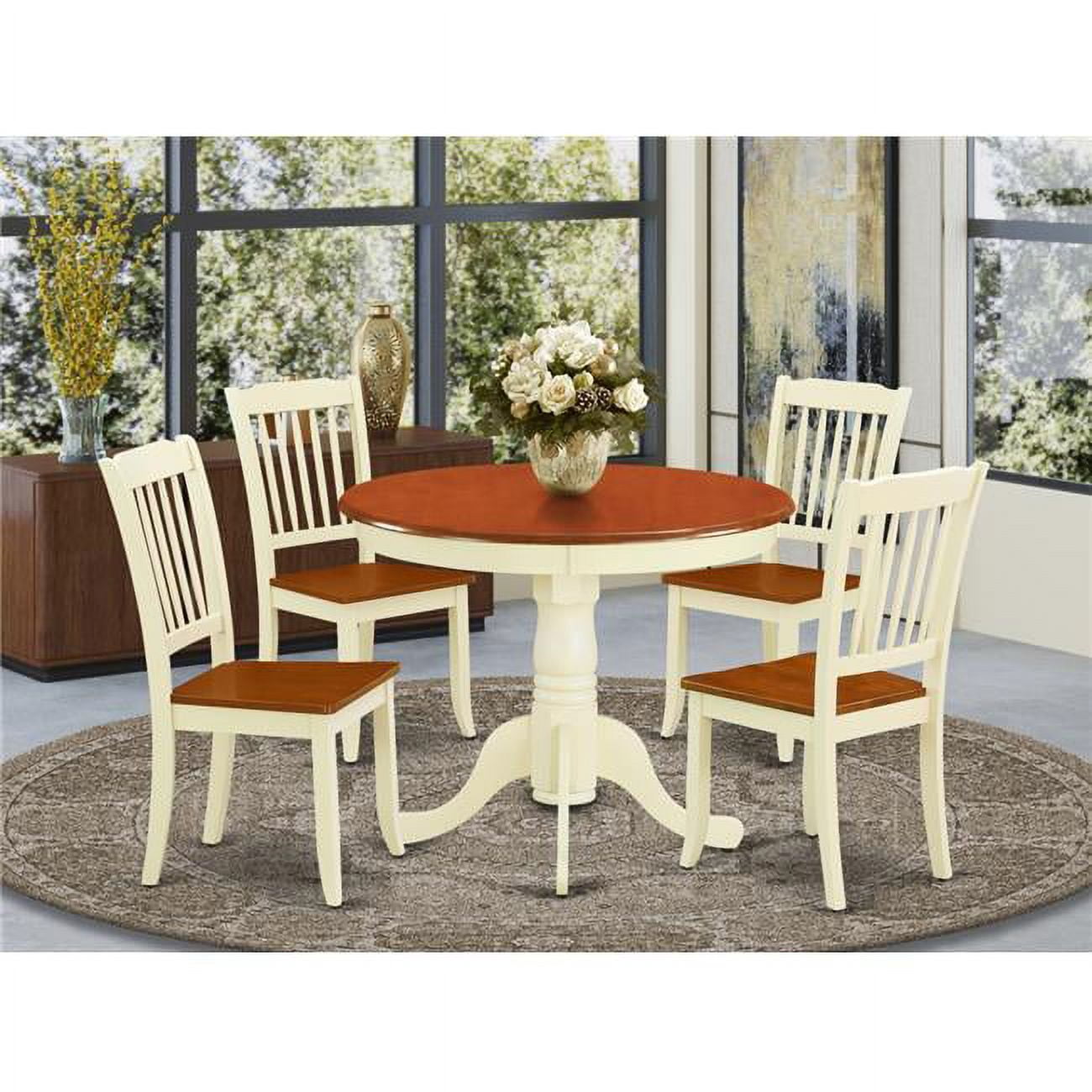36 in. Antique Round Table & 4 Vertical Slatted Chairs - Buttermilk ...