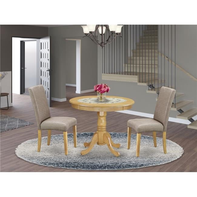 36 in. Antique Round Table & Parson Chair with Oak Leg & Linen Fabric ...