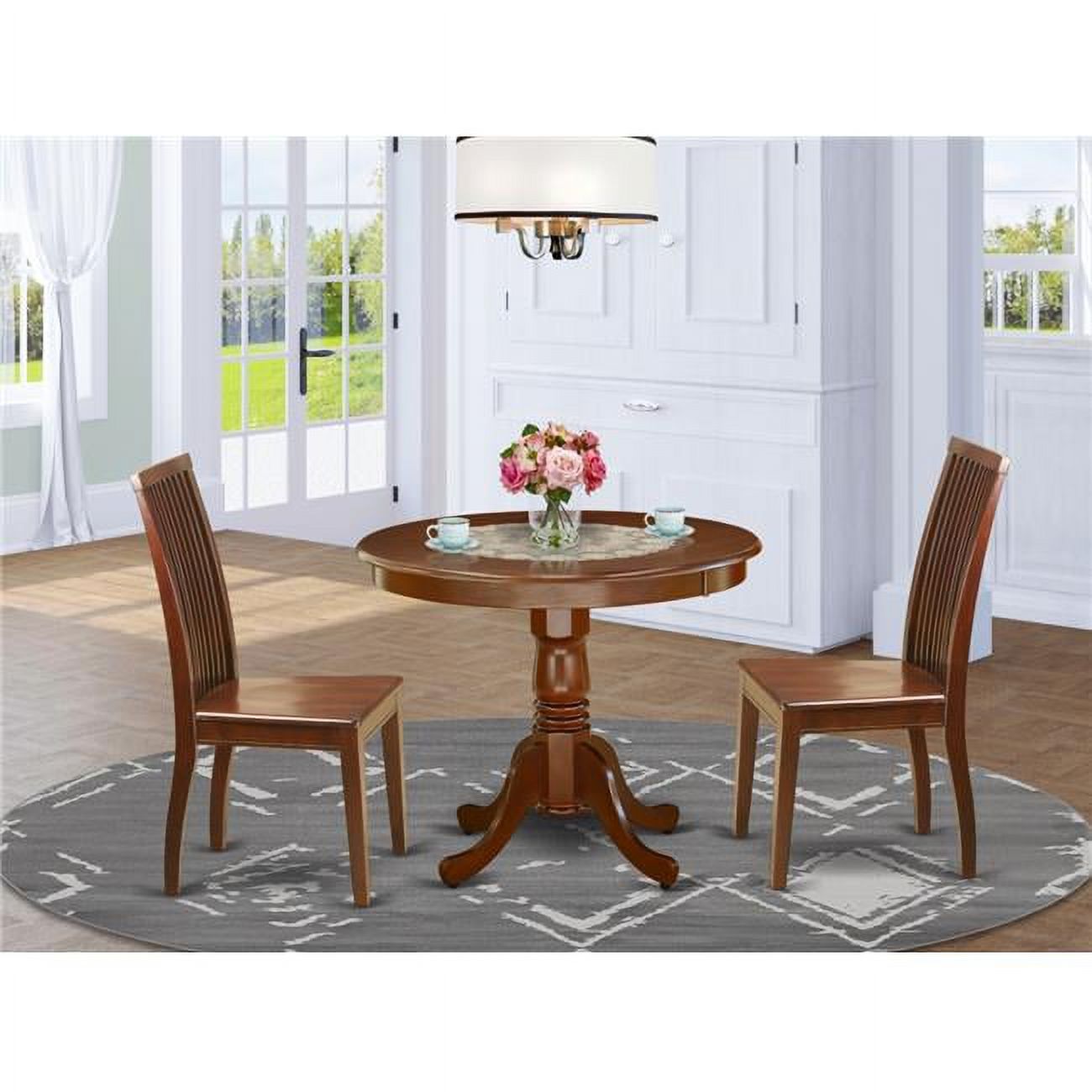 36 in. Antique Round Table & Two Solid Wood Seat Dining Chairs ...