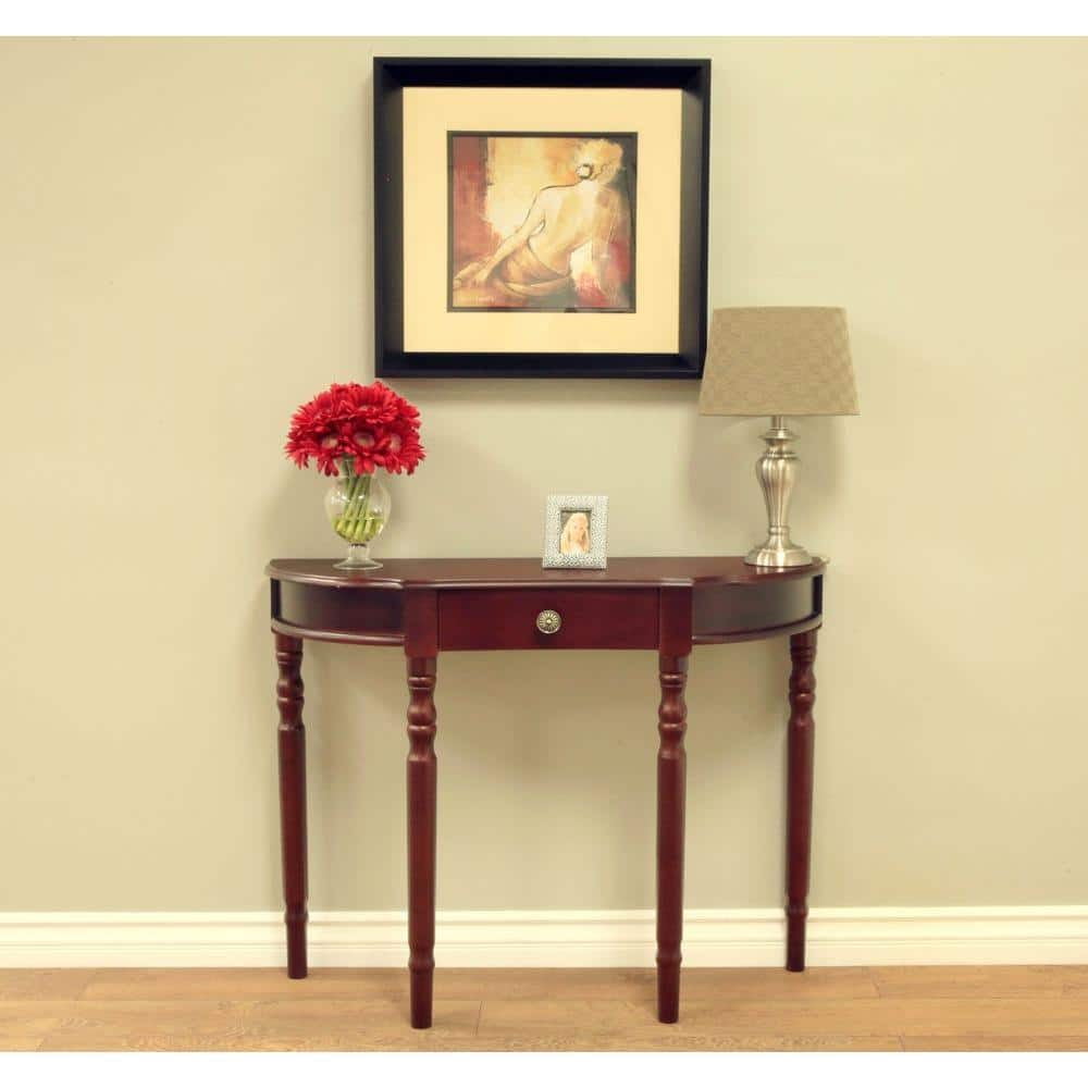 36 in. Dark Walnut Standard Half Moon Wood Console Table with Drawers ...