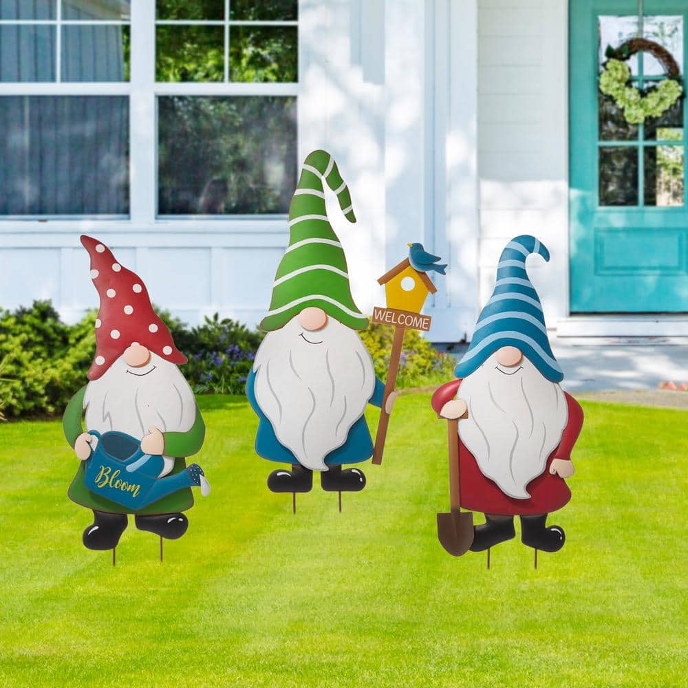 36 in. H Metal Gnome Yard Stake Wall Decor (2 Function) (Set of 3 ...