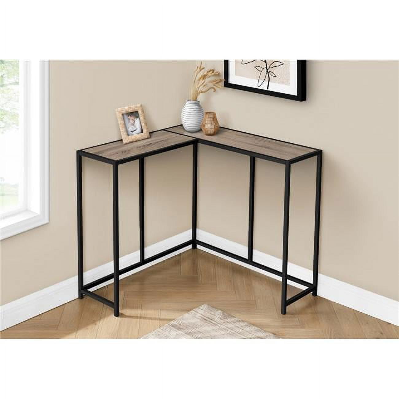 36 in. L-shaped Corner Metal Frame Console Table, Dark Taupe Wood-look ...