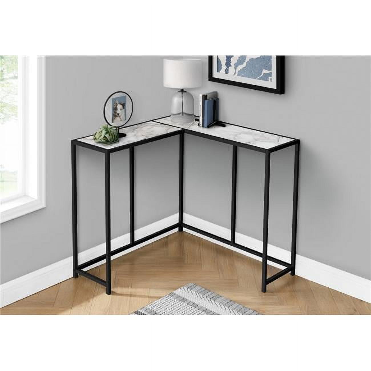 36 in. L-shaped Corner Metal Frame Console Table, White Marble-look ...