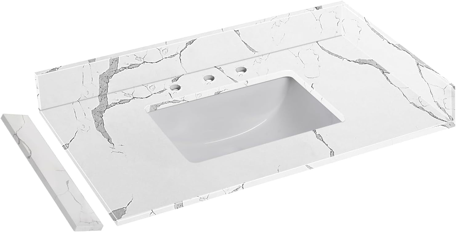 36 in.W x 22 in.D Quartz Calacatta River Vanity Top,with Undermount ...