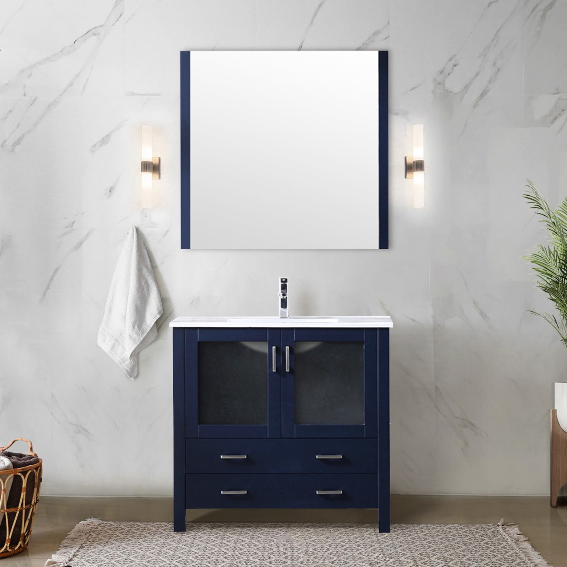 36 in. Wide Navy Blue Vanity with 34 in. Mirror | Soft Close Feature ...