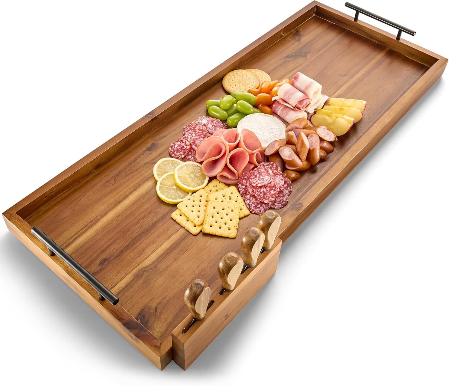 36 inch Large Acacia Wood Charcuterie Board with Metal Handles and 4 ...
