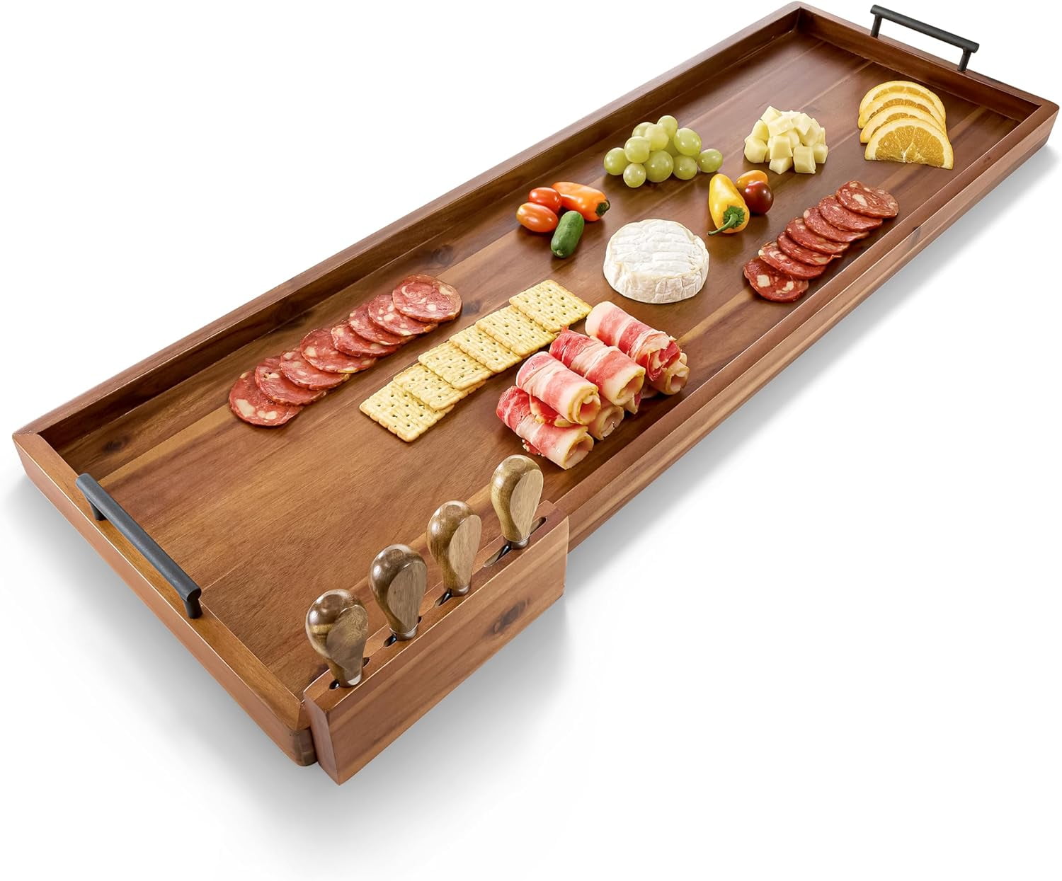36 inch Large Acacia Wood Charcuterie Board with Metal Handles and 4 ...