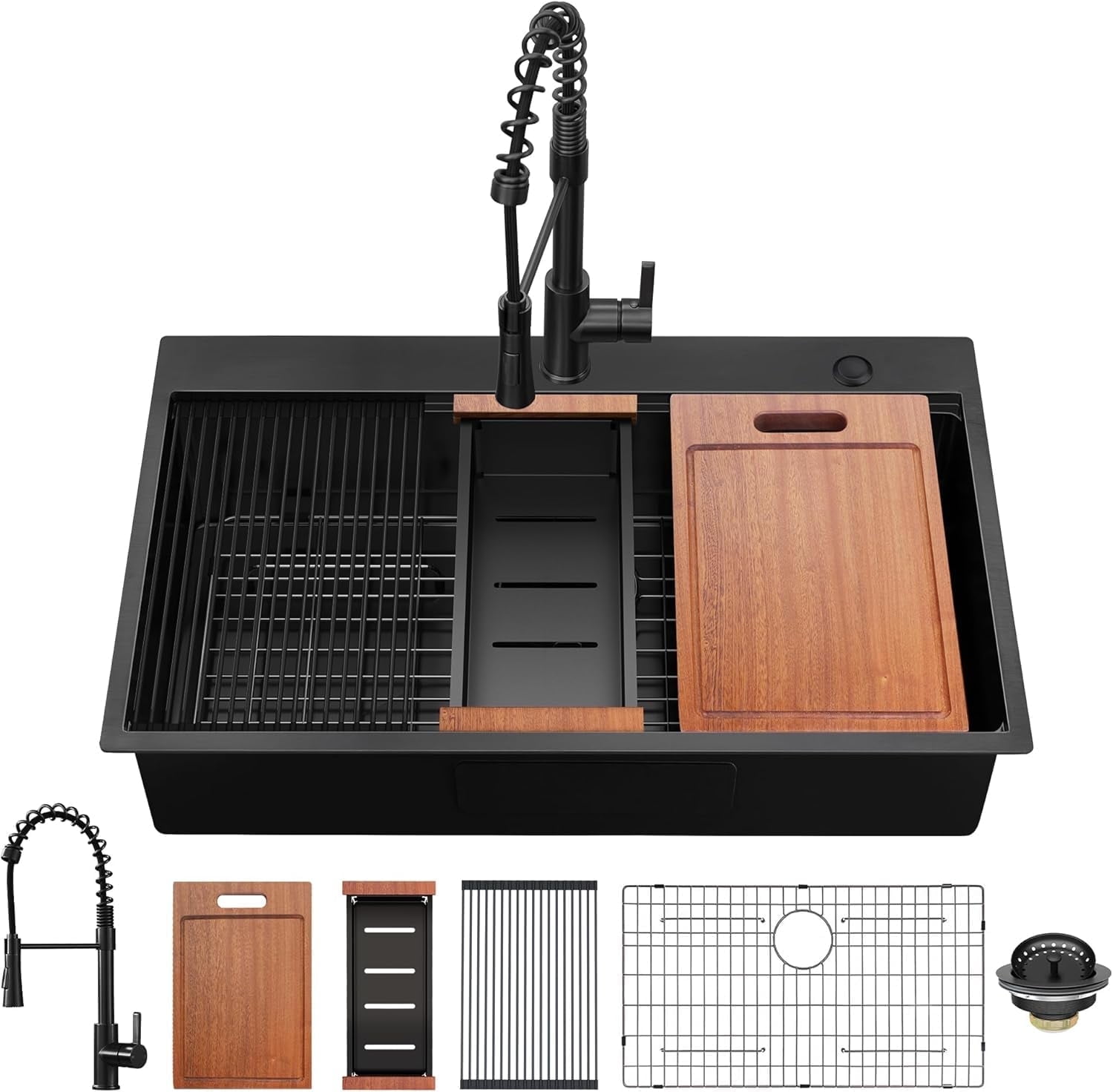 36 inch Matte Black Drop In Workstation Sink with Pull Out Faucet, 16 ...