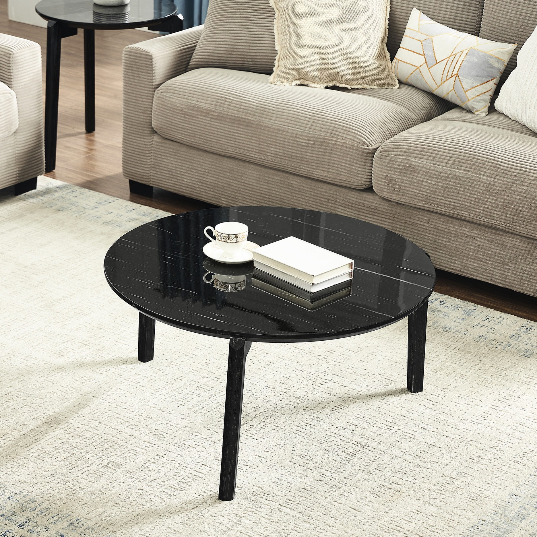 36-inch Round Coffee Table with High-gloss Marble-like Surface and ...