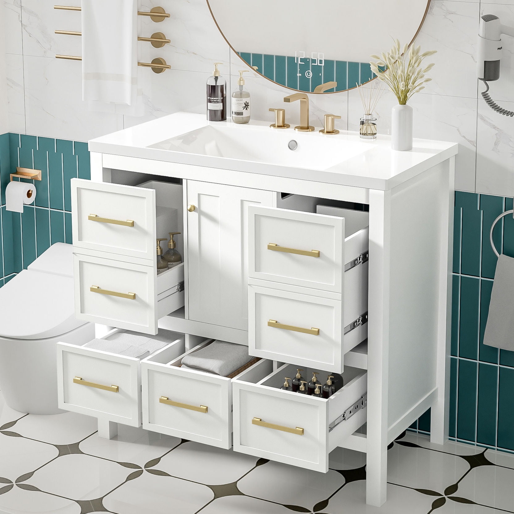 36-inch Solid Wood Bathroom Vanity with Resin Sink 5 Drawers Soft ...