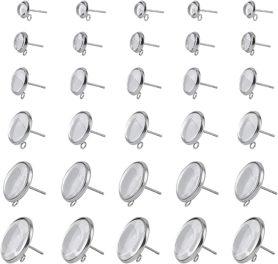 36 pcs 6 Sizes Flat Round 304 Stainless Steel Stud Earring Cabochon ...
