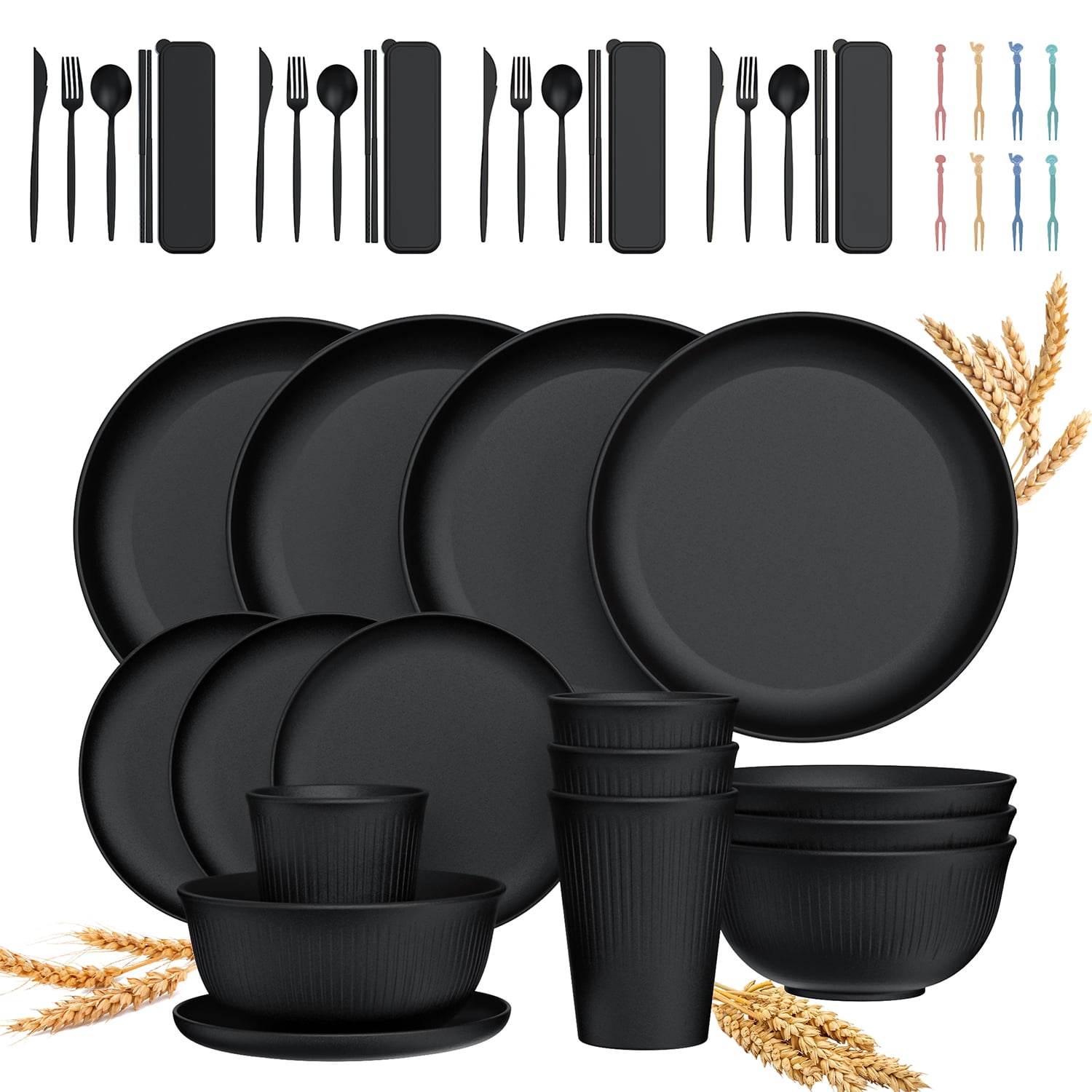 48 Pcs Wheat Straw Dinnerware Sets For 4, Unbreakable Dinnerware Sets ...