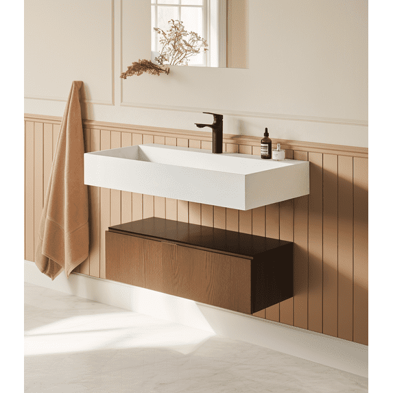 36" x 18" Solid Surface Wall Mount Rectangle Matte White Vessel Sink ...