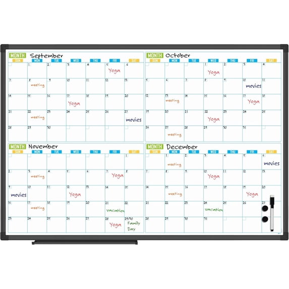 36" x 24" Dry Erase Calendar Whiteboard - 4-Month Framed Planner with ...