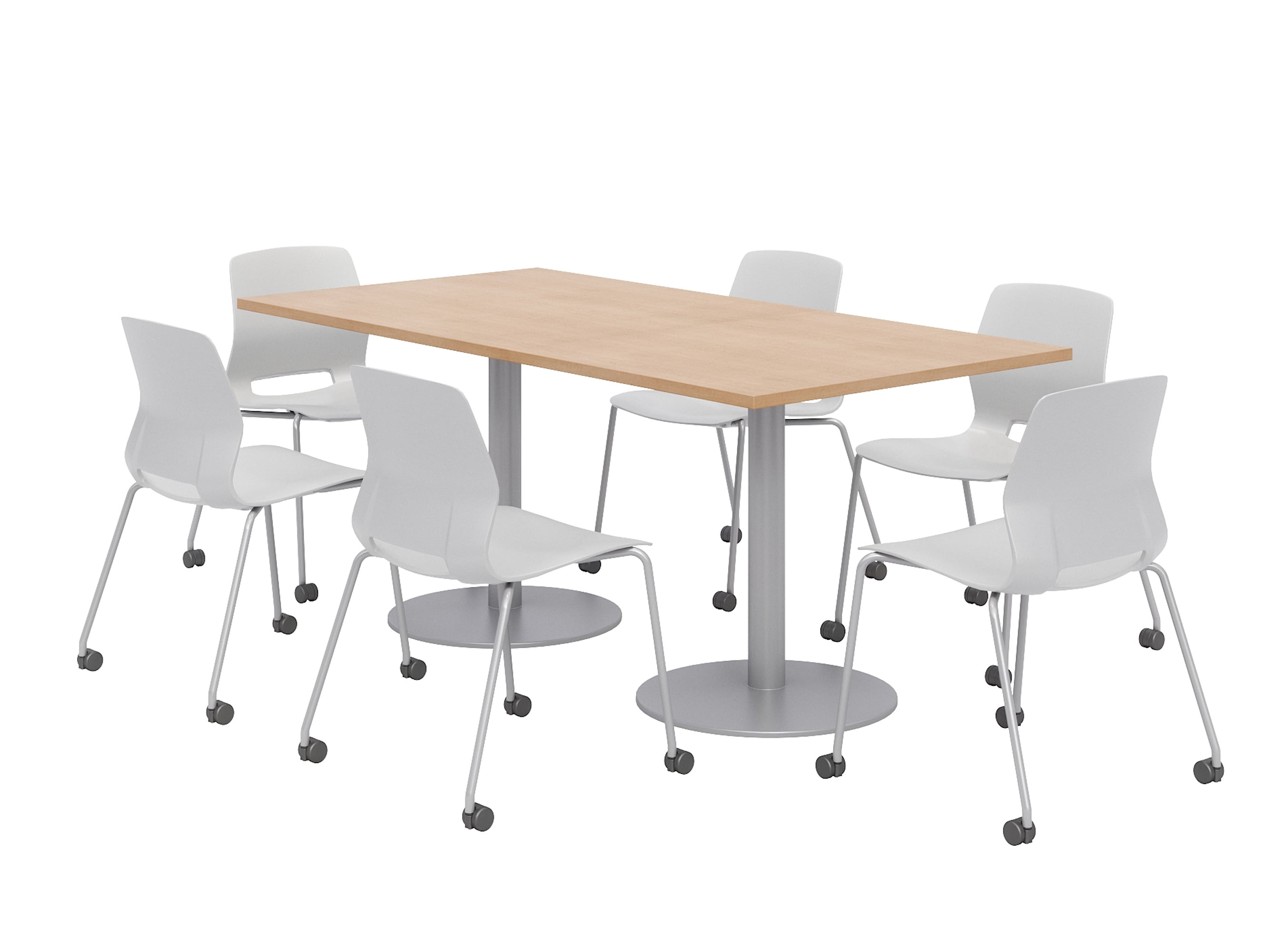 36 x 72" Table - 6 Lola Grey Caster Chairs - Maple Top - Silver Base ...