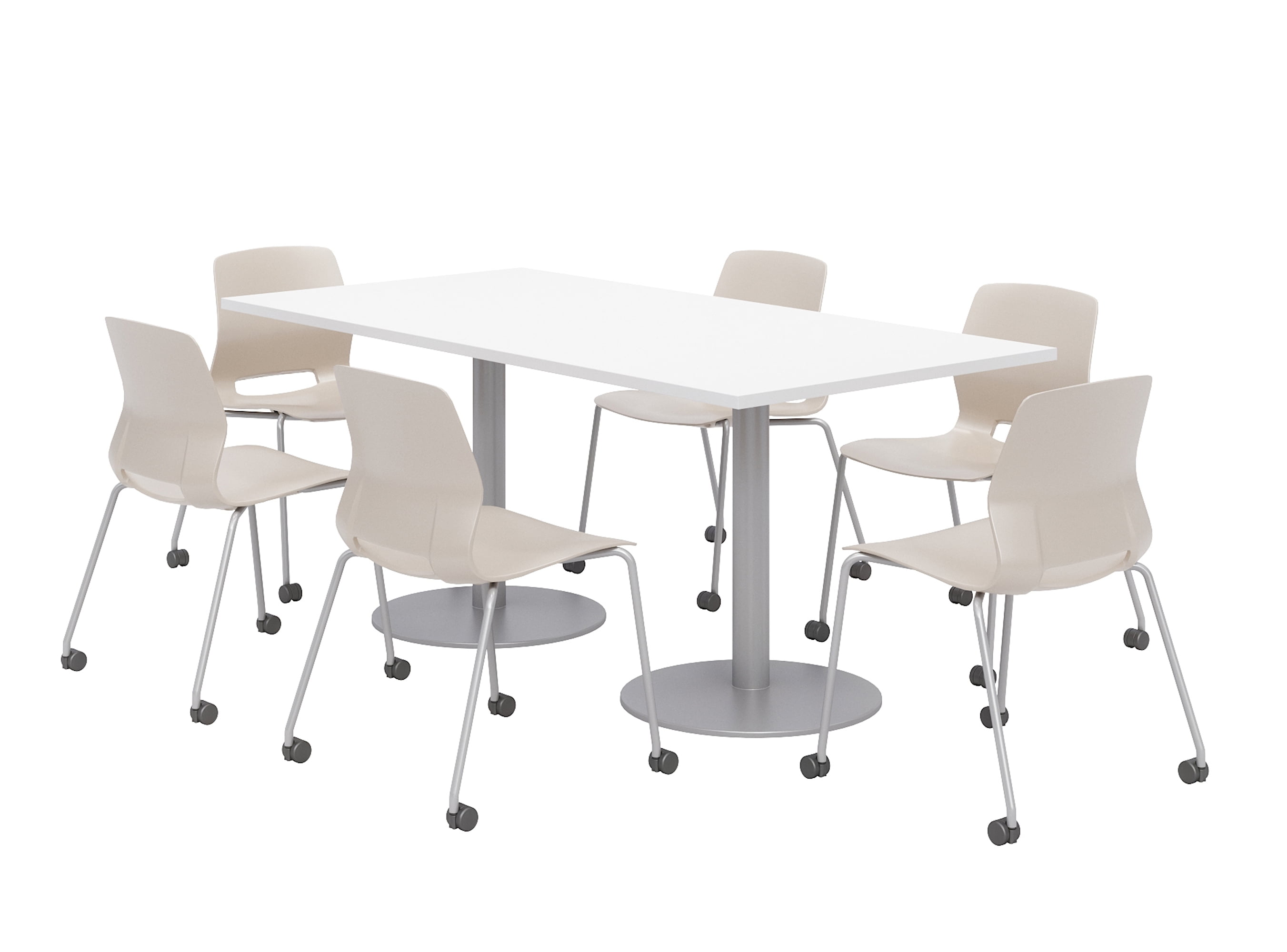 36 x 72" Table - 6 Lola Moonbeam Caster Chairs - White Top - Silver ...