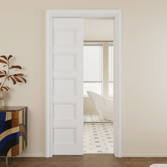 36" x 80" 5 Panel Pocket Door with Soft Close, Molded Solid Core Door ...