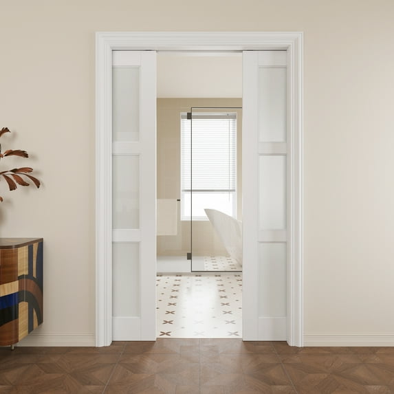 36" x 80" (Double 18") 3 Panel Frosted Glass Pocket Doors with Soft ...