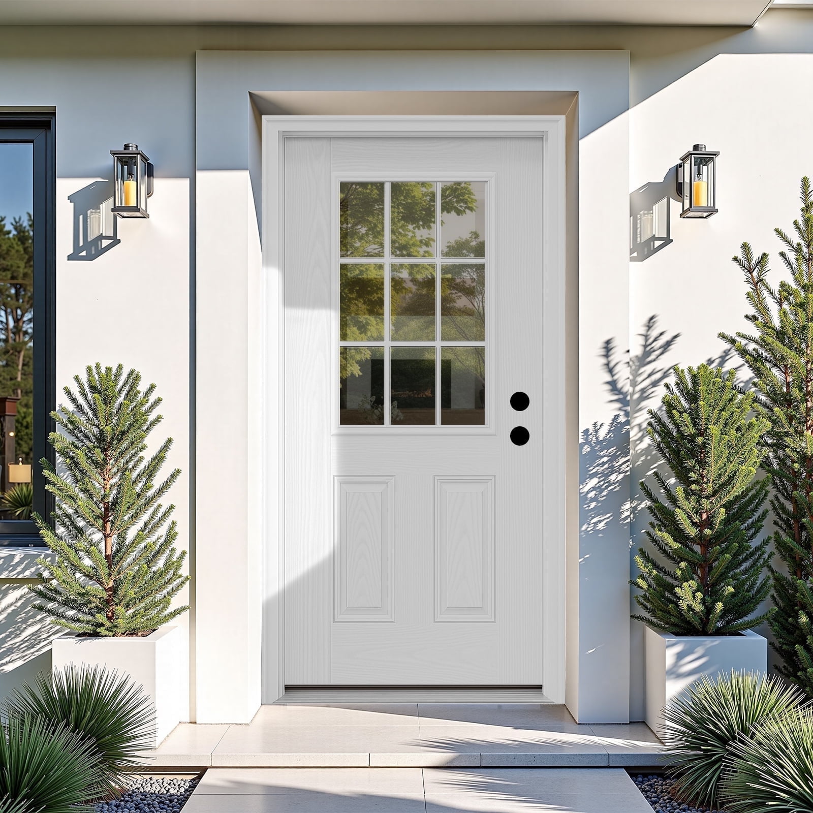 36" x 80" Fiberglass Front Door With Primed Woodgrain,9-Lite Low-E ...