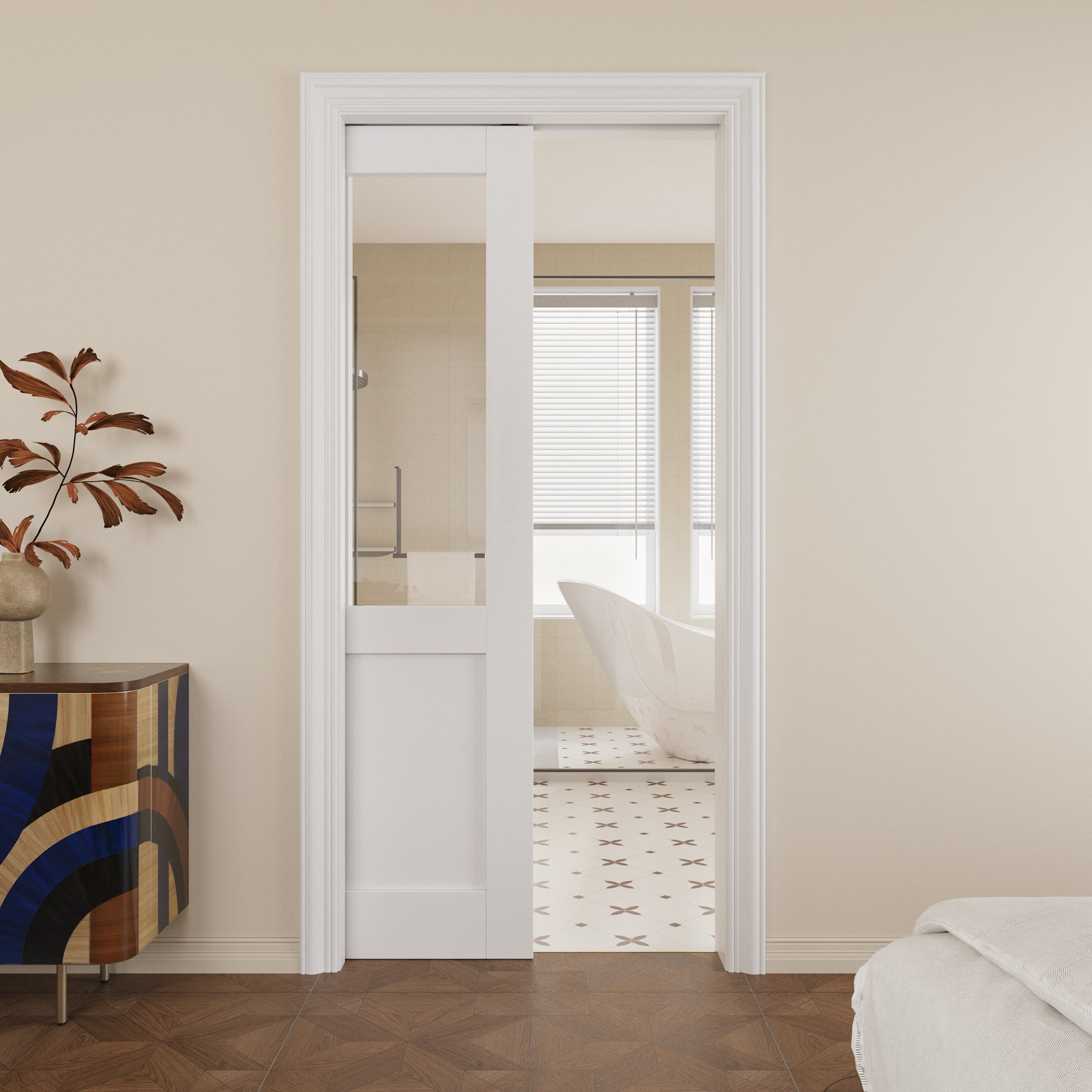 36" x 80" Half Panel Clear Glass Pocket Door with Soft Close, Solid ...