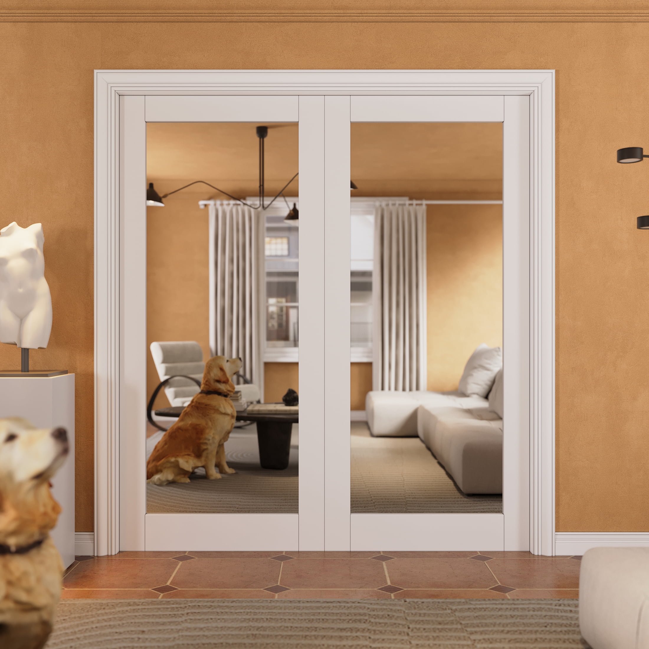 72" x 80" (2 Sets of 36")Interior mirrored Pocket Doors White Sliding ...