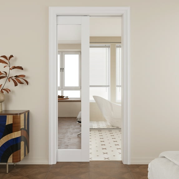 36" x 80" Mirror Pocket Door with Soft Close, Solid Door Panel & Pocket ...