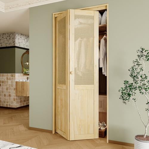 36'' x 80" Ratten Bifold Closet Door, Cane Webbing & Pine Wood Interior ...