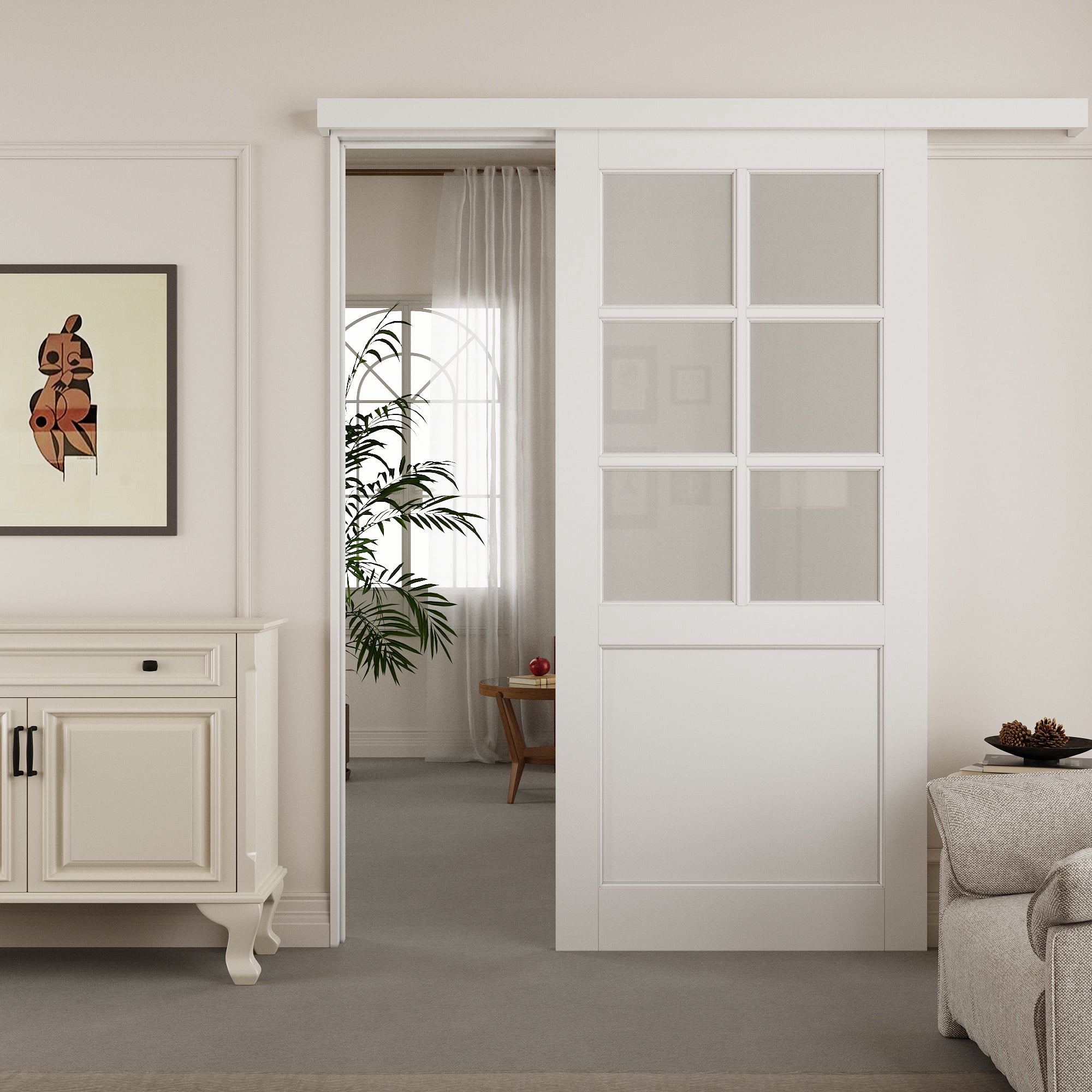 36" x 80" Ready-To-Install White Primed 6-Lite Frosted Glass Barn Door ...