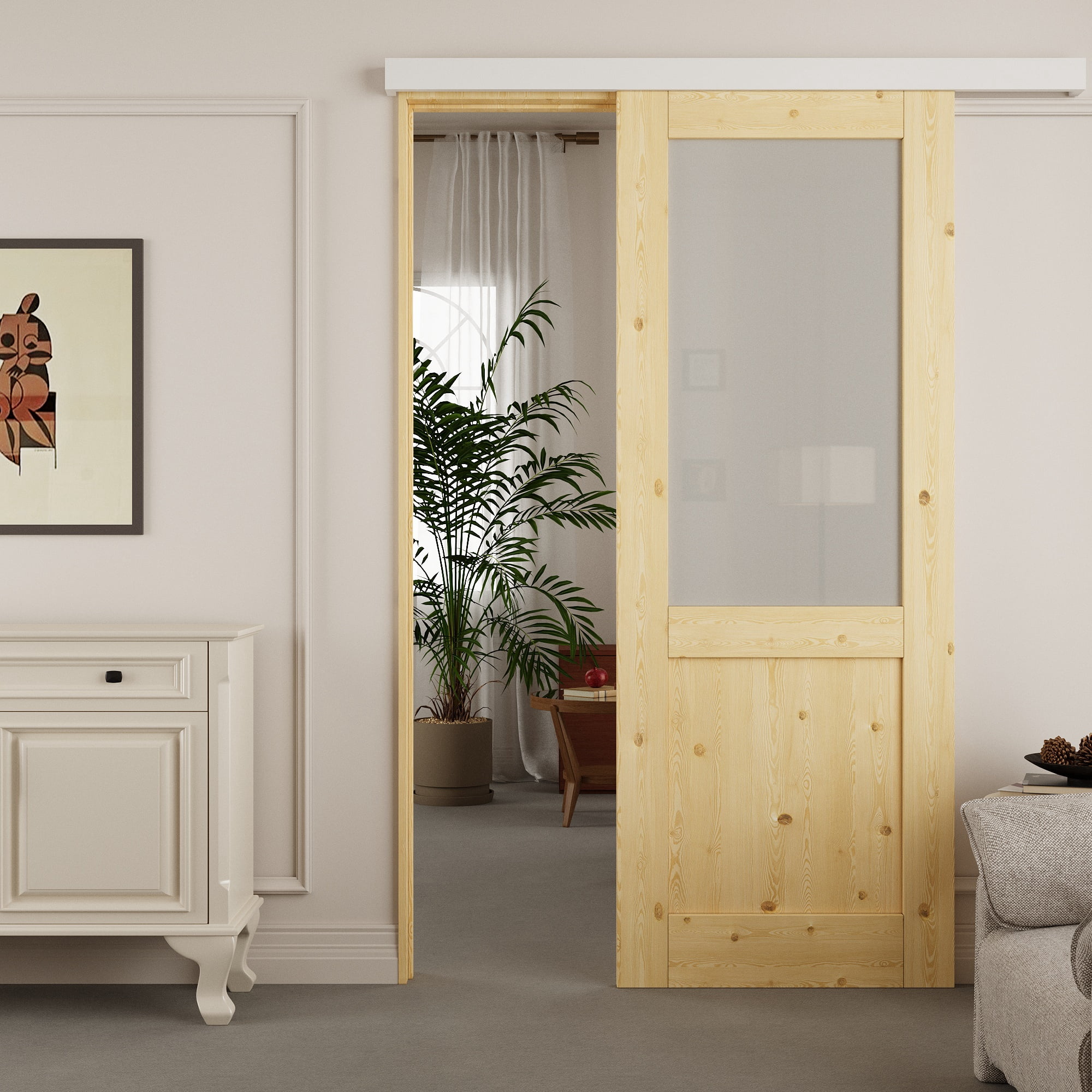 36" x 80" Solid Pine And Frosted Glass Sliding Barn Door With Hidden ...