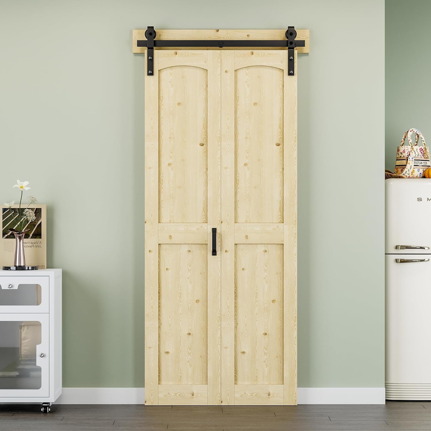 36" x 84" H Shape Spruce Wood Bifold Barn Door with Header Board and 40 ...