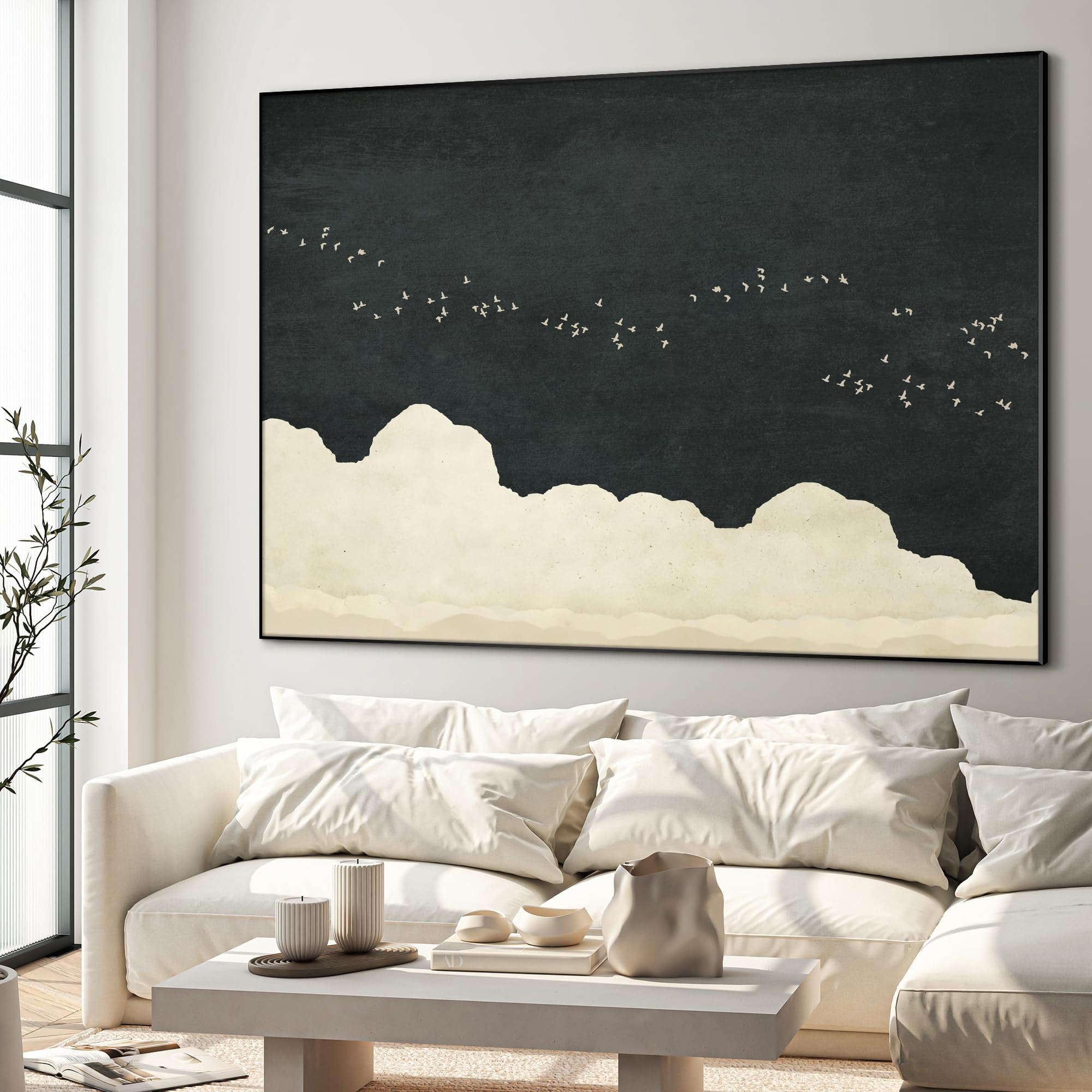 36"x46" XL Framed Wall Art - Minimalist Dark Sky Birds in Flight (Frame ...