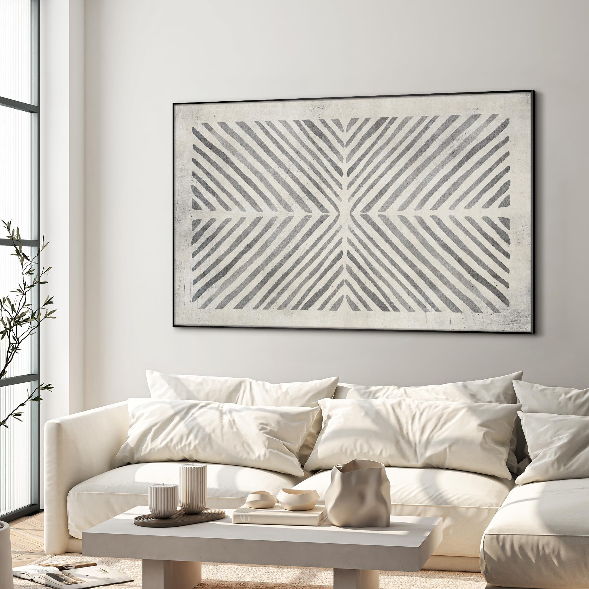 36"x60" XL Framed Wall Art - Modern Geometric Black and White Line ...