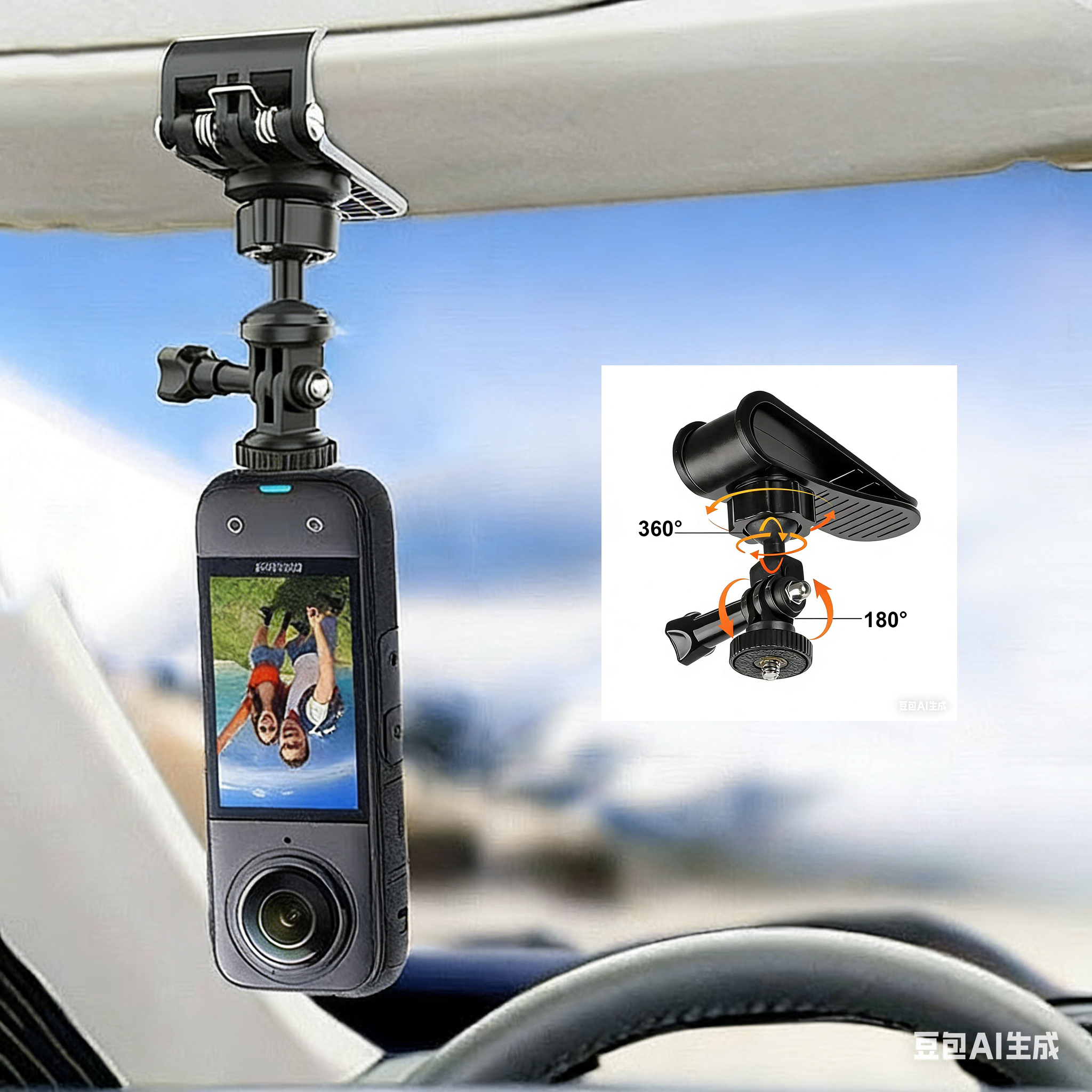 360° Adjustable Car Sun Visor Mount for DJI Osmo Pocket 3 Action 5 pro ...