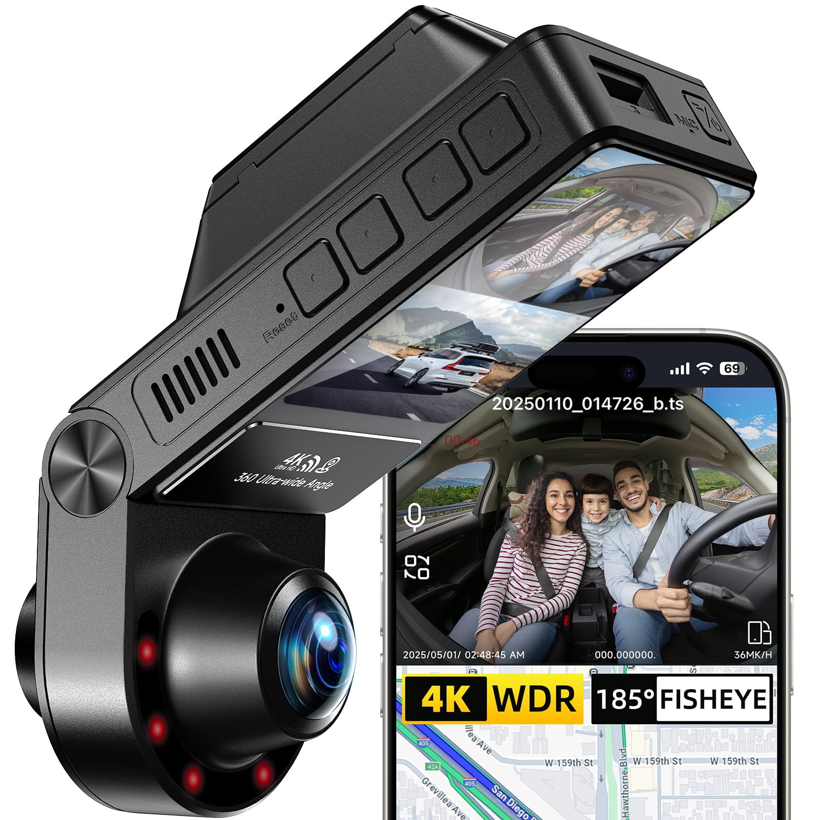 360 Camera for Car, 4K Dash Cam Front and Inside 2-Channel Dashcam 160 ...