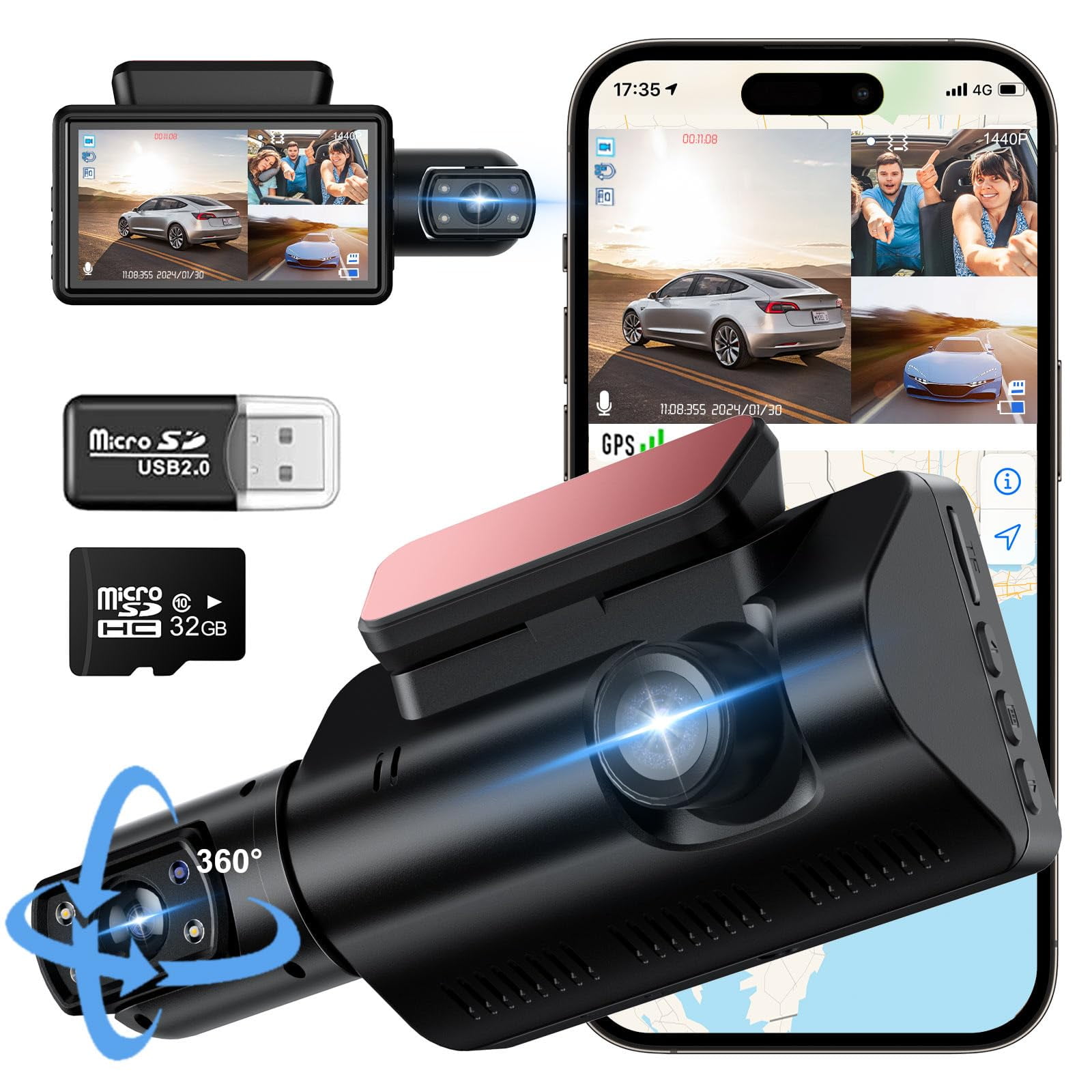 360° Car Camera - Dash Cam Front and Rear, 3" LCD Dash Camera with 32G ...