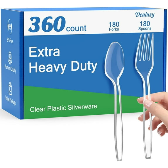 360 Count Extra Heavy Duty Clear Plastic Forks and Spoons, 180 Forks ...