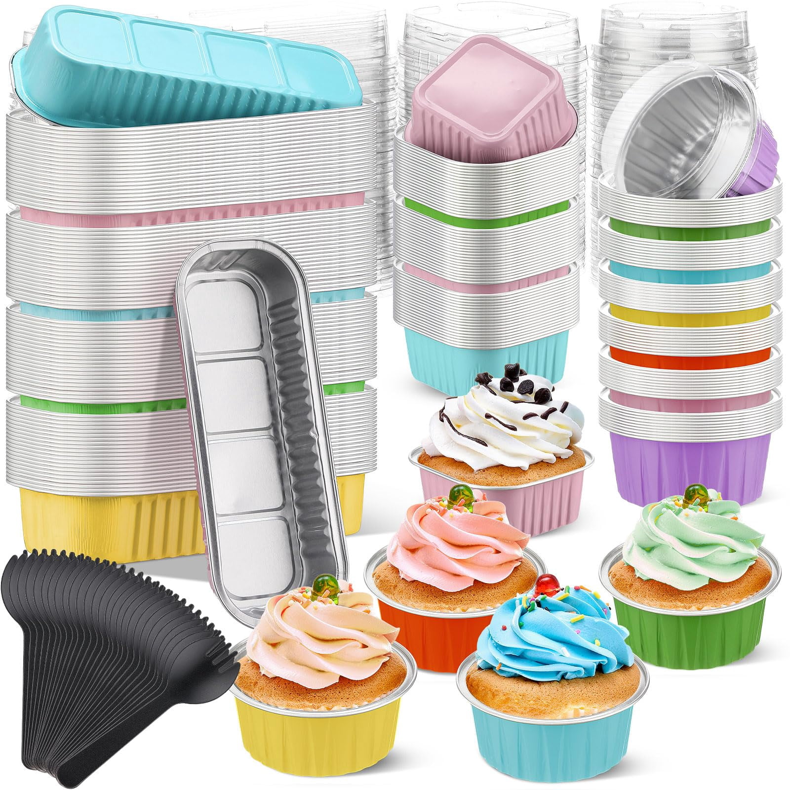 360 Count Mixed Shape Mini Baking Pans with Lids and Spoons, Multicolor ...